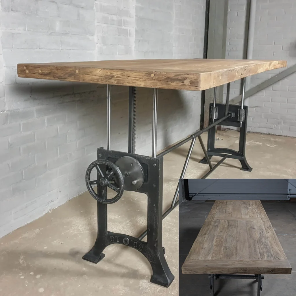 In height adjustable oak dining table - industrial design - IND736