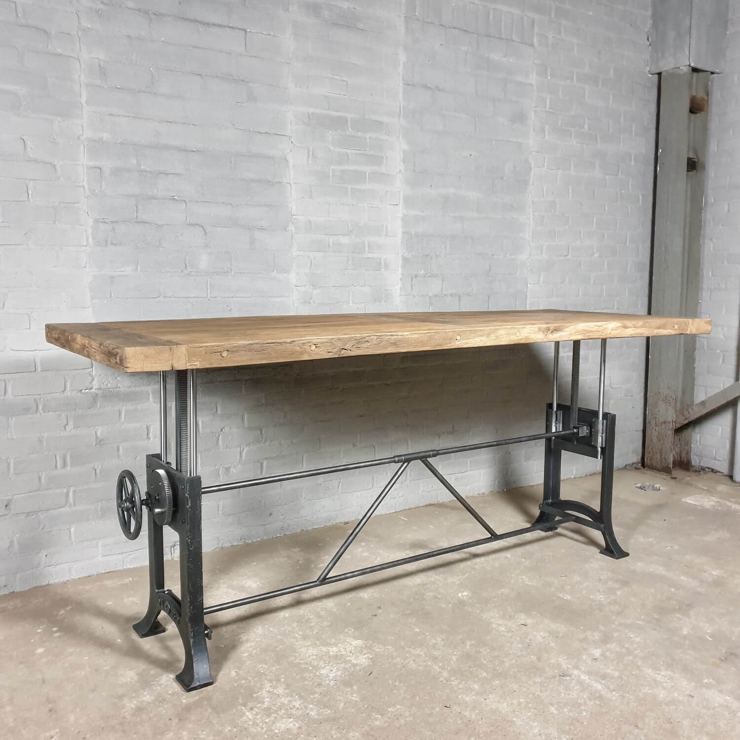 In height adjustable oak dining table - industrial design - IND736