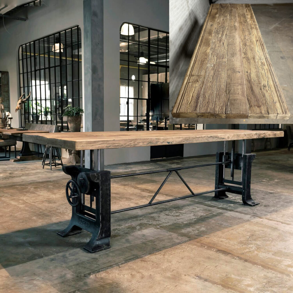 Large industrial dining table - height adjustable - oak table top - IND742