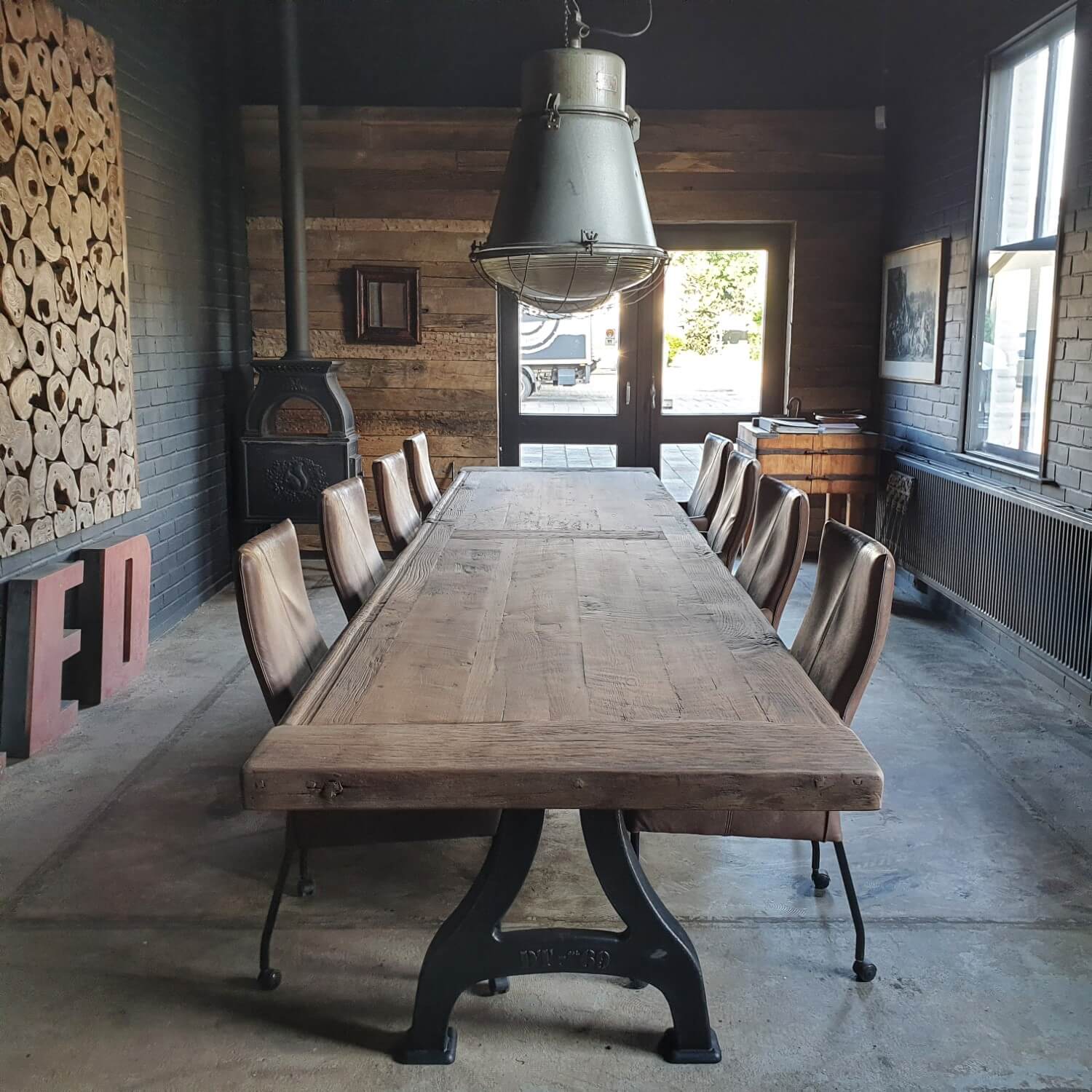 Long industrial design table with iron legs – thick oak tabletop
