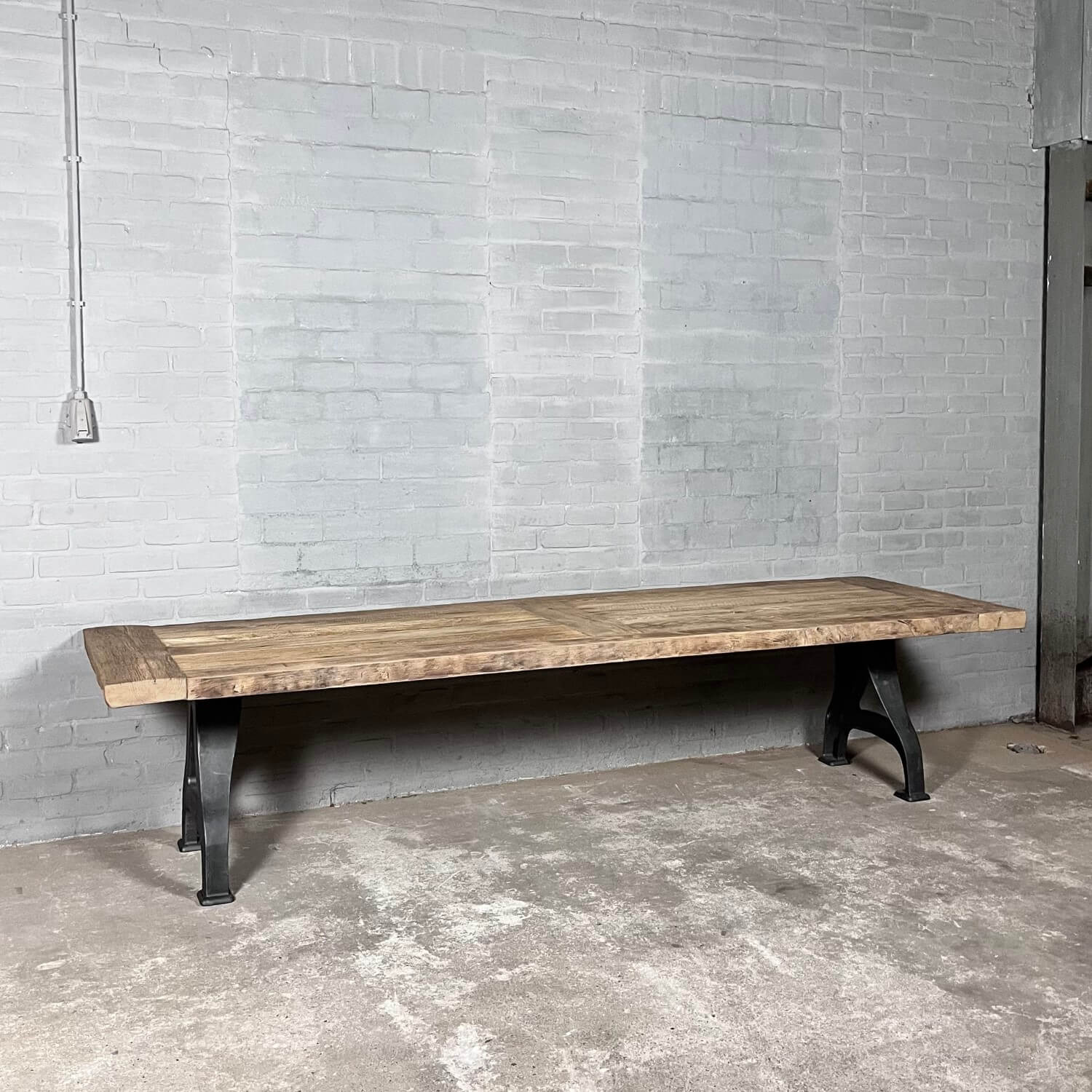 Long industrial design table with iron legs – thick old oak - IND747