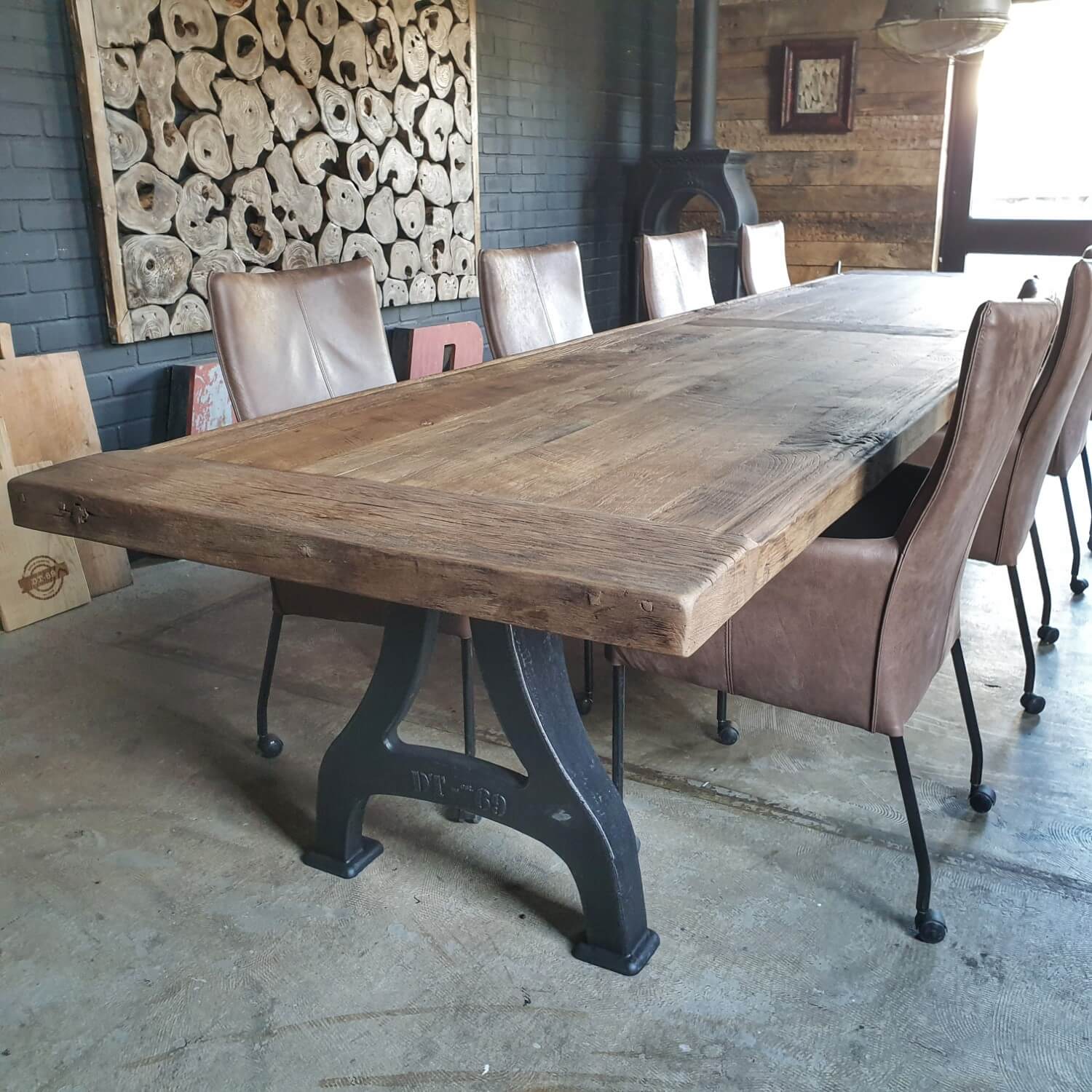 Long industrial design table with iron legs – thick oak tabletop