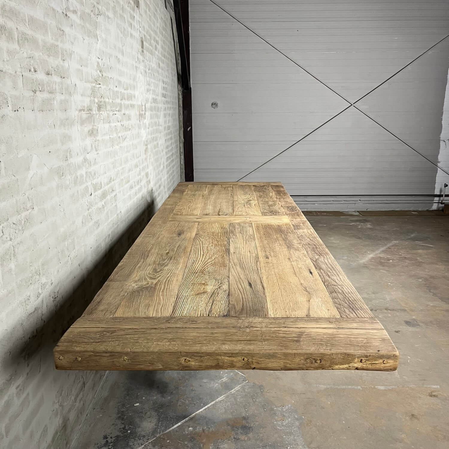 Long industrial design table with iron legs – thick old oak - IND747