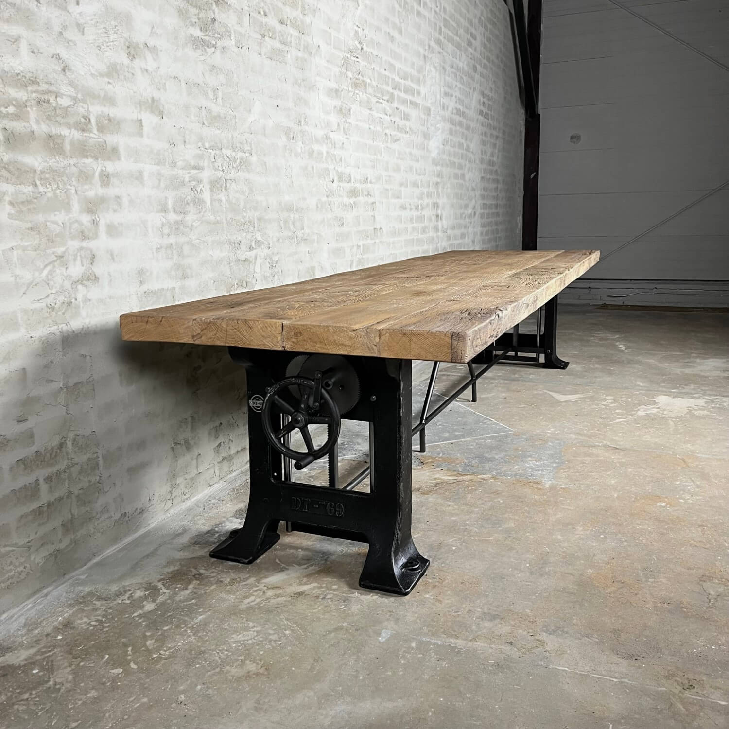 Industrial height adjustable oak table, Limited Edition No-25