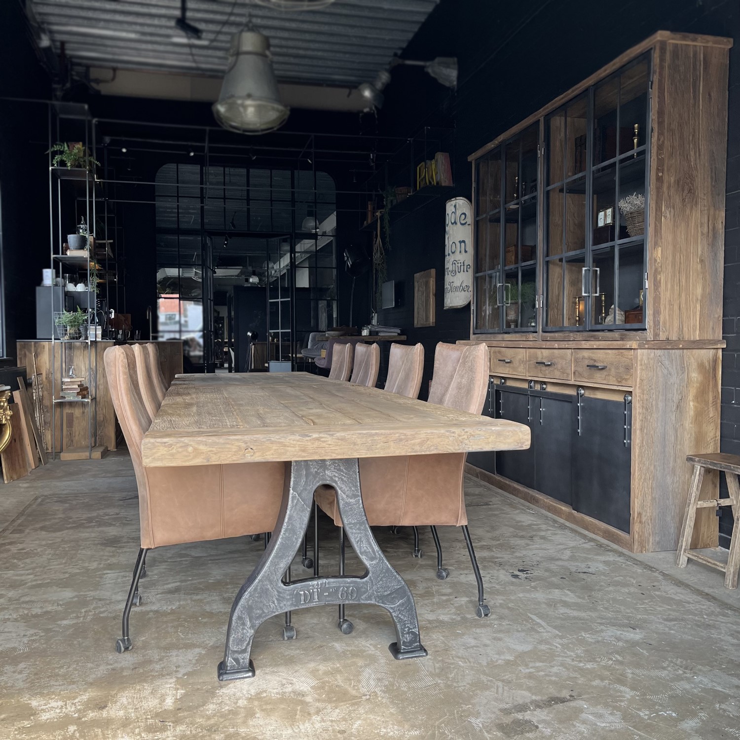 Long industrial design table with iron legs – thick old oak - IND402